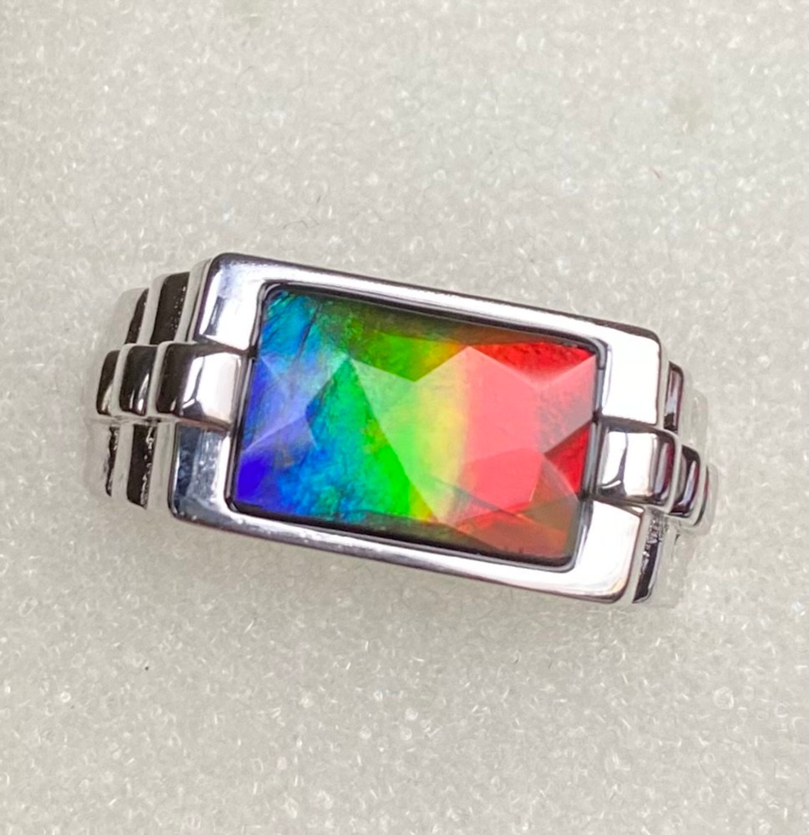 Ammolite Ring - Bright Rainbow Colors! Faceted Gem! Size 11! Nice Grade ...