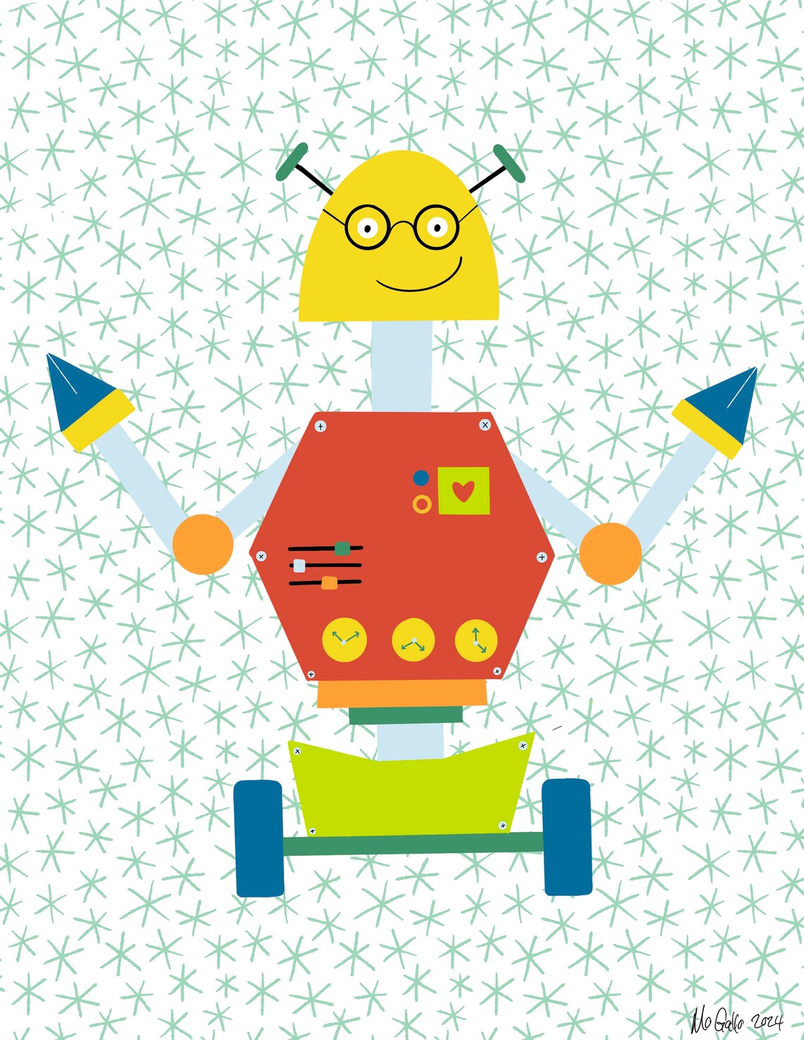 Set of 3 - Bright Happy Robots Art for Kids Room or Nursery. Digital ...
