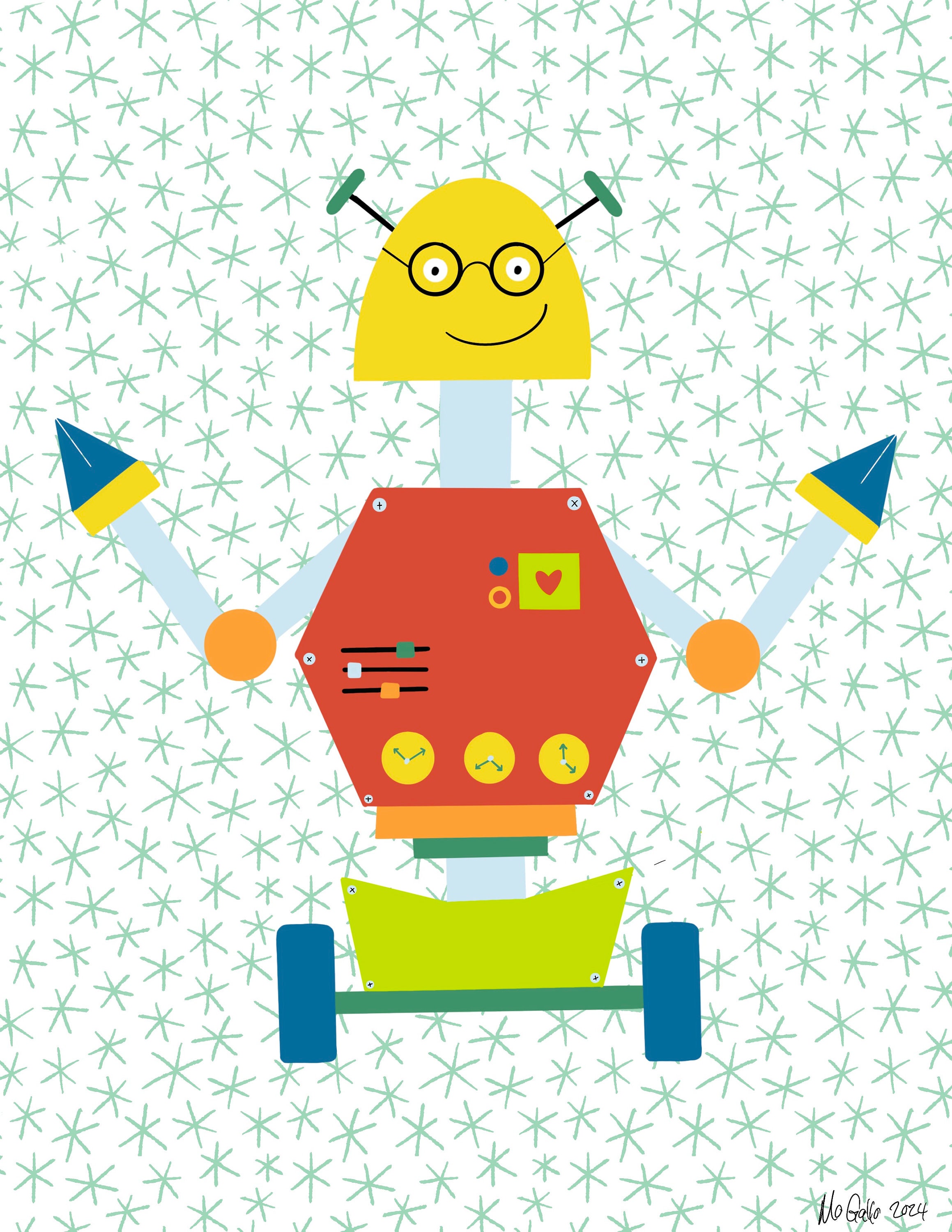 Set of 3 - Bright Happy Robots Art for Kids Room or Nursery. Digital ...