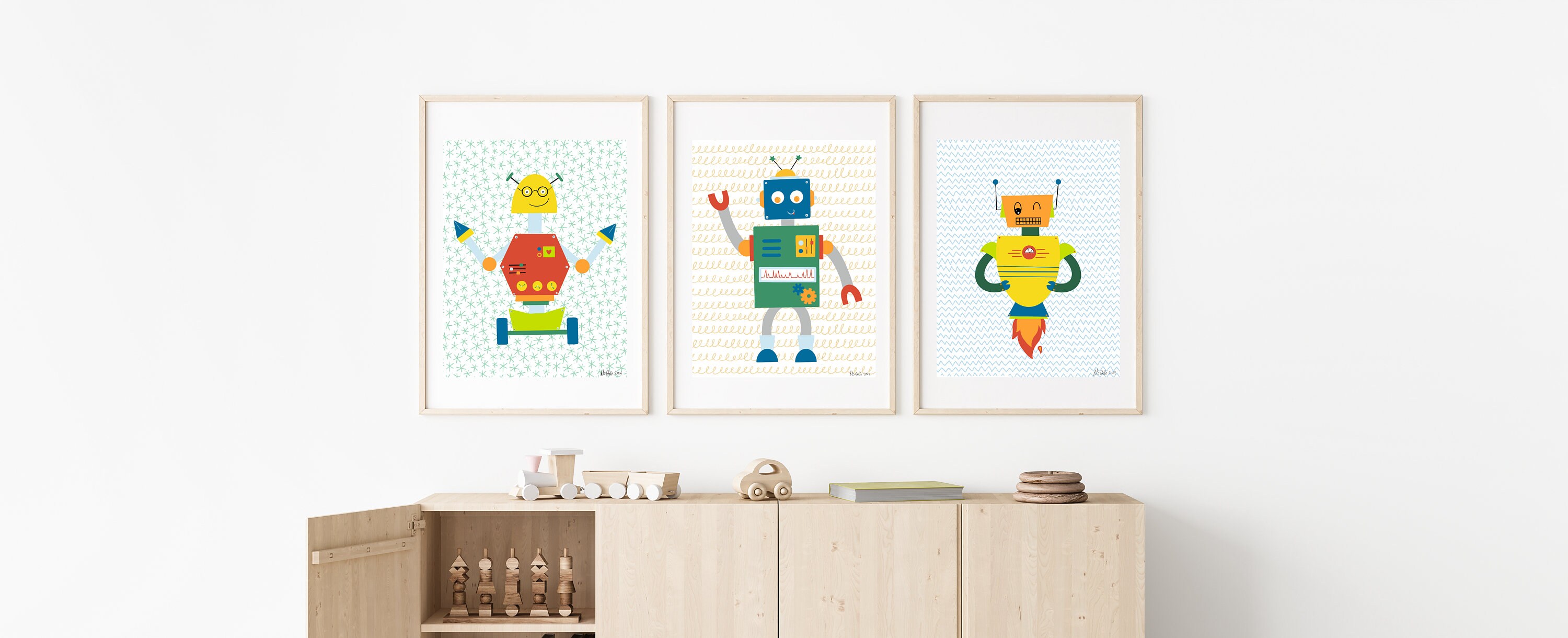 Set of 3 - Bright Happy Robots Art for Kids Room or Nursery. Digital ...