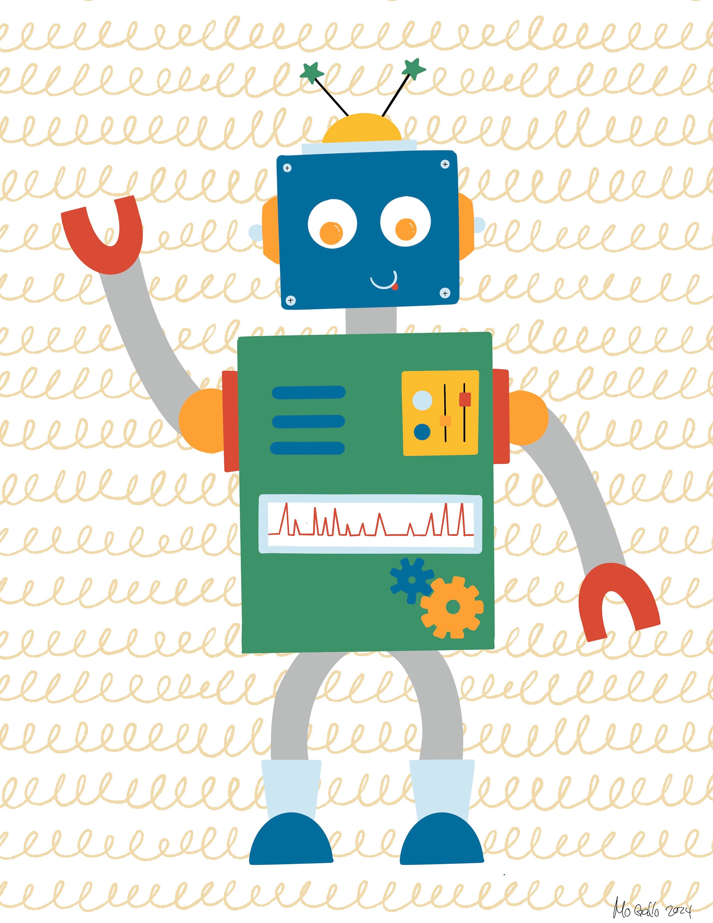 Set of 3 - Bright Happy Robots Art for Kids Room or Nursery. Digital ...