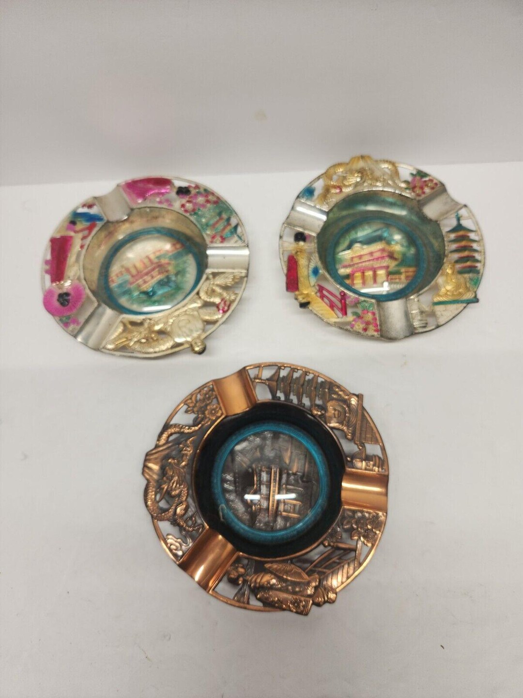 Vintage Asian Ashtray Nikko Japan Copper Convex Glass Pagodas , Set of ...