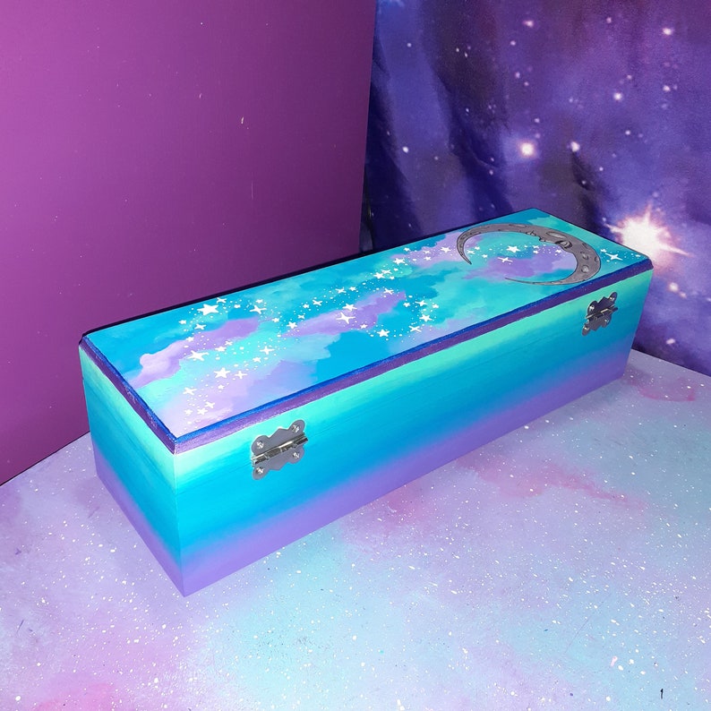 Moon and Stars Painted Box / Galaxy Clouds Cosmic Space Wood Trinket ...