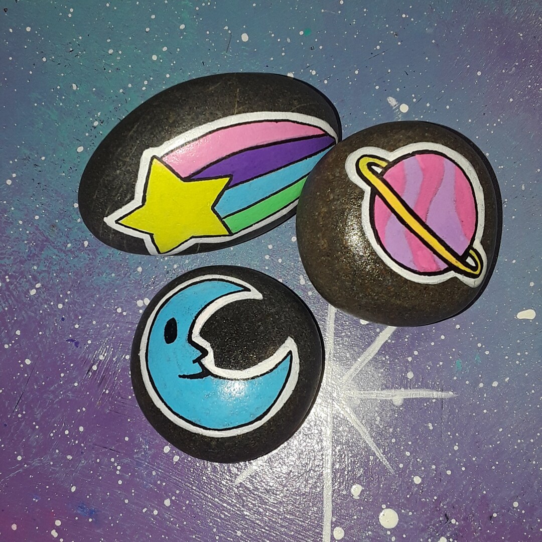 Cute Space Rock Painted Set / Moon Star Planet Yard Art / Natural Stone ...