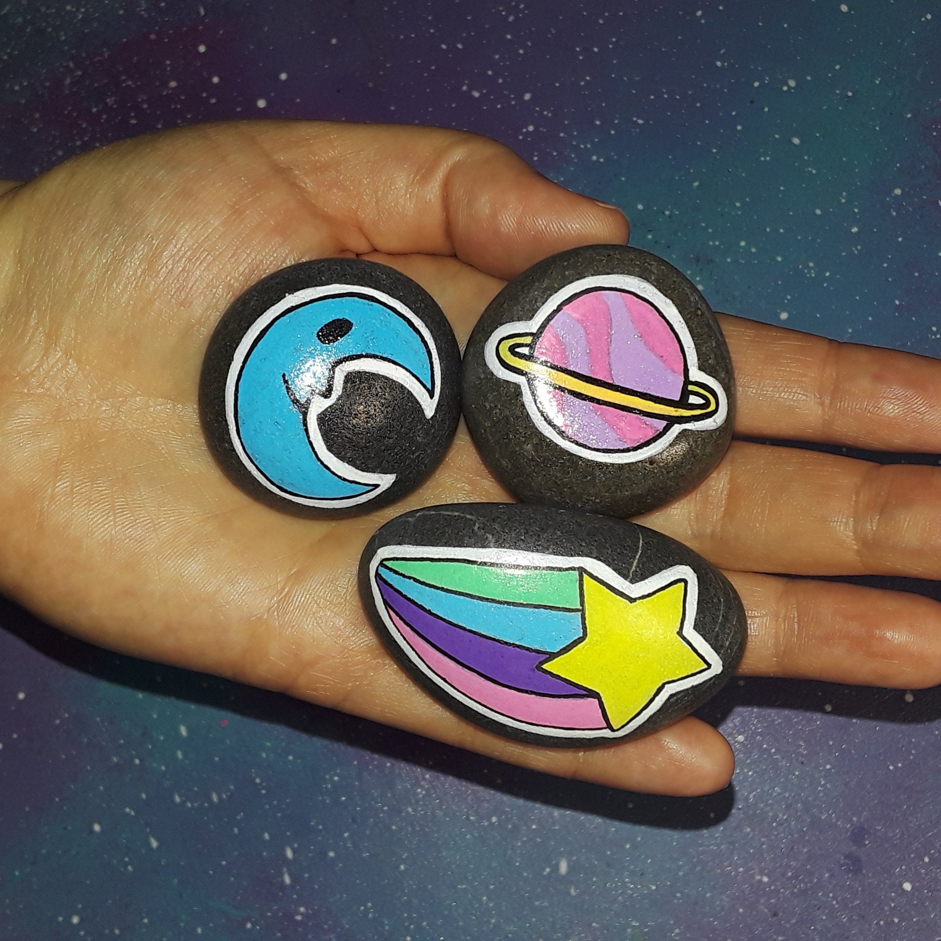 Cute space rock painted set / moon star planet yard art / | Etsy