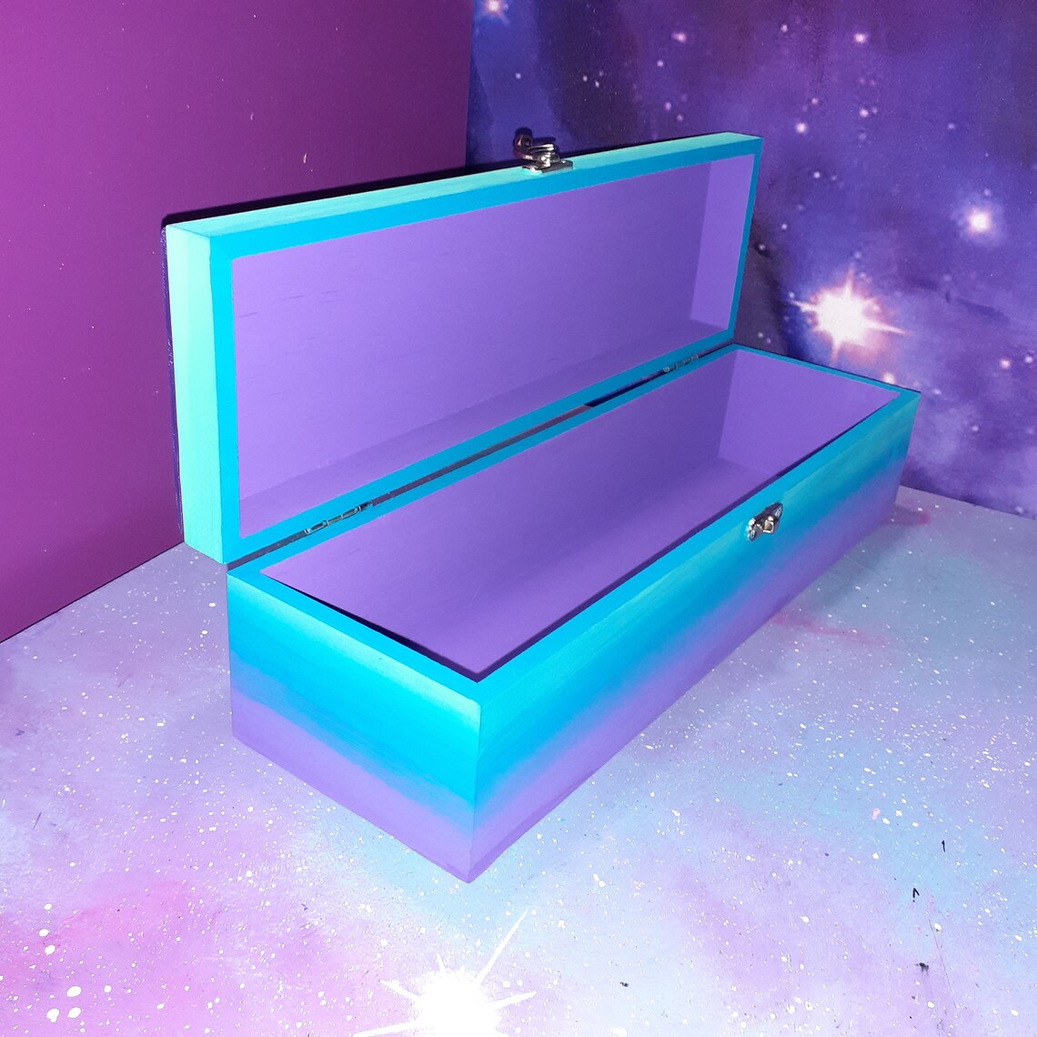 Moon and Stars Painted Box / Galaxy Clouds Cosmic Space Wood Trinket ...
