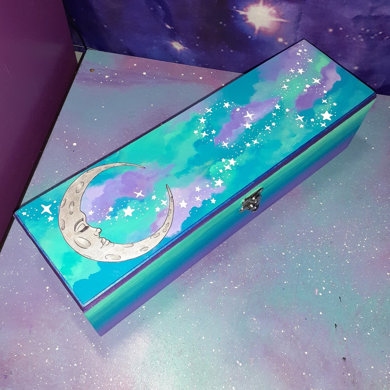 Moon and Stars Painted Box / Galaxy Clouds Cosmic Space Wood Trinket ...