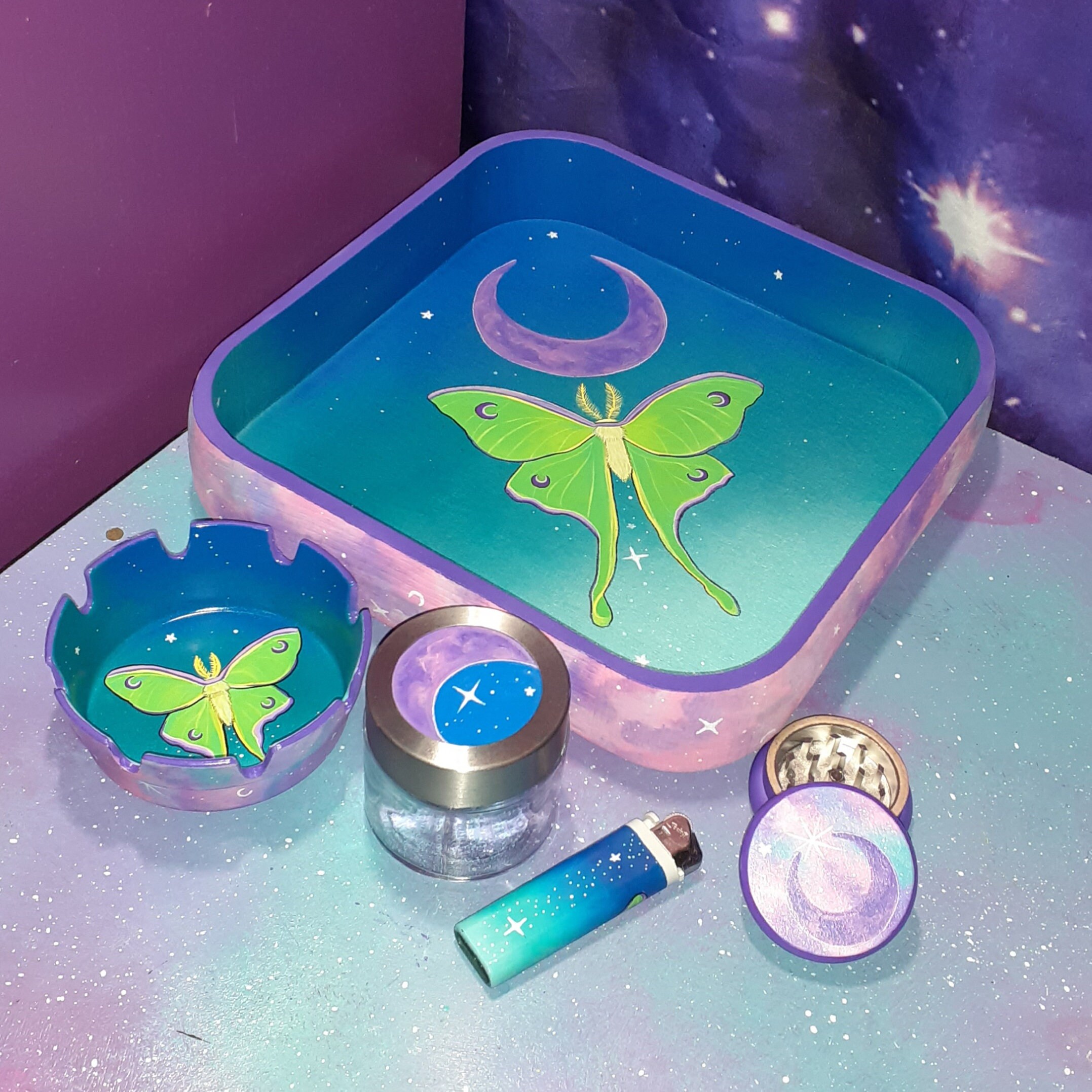 Hand painted luna moth & moon rolling tray set / 5 piece stash | Etsy