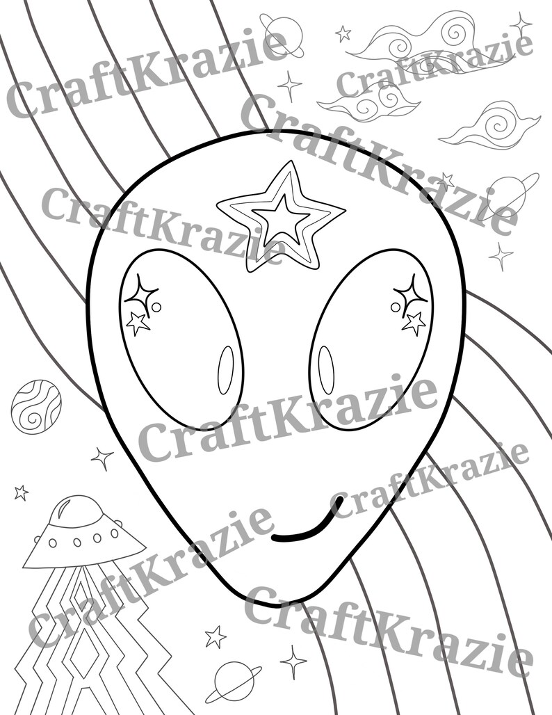 Cute Alien Coloring Page Download Trippy Aliens Kawaii Fairy - Etsy