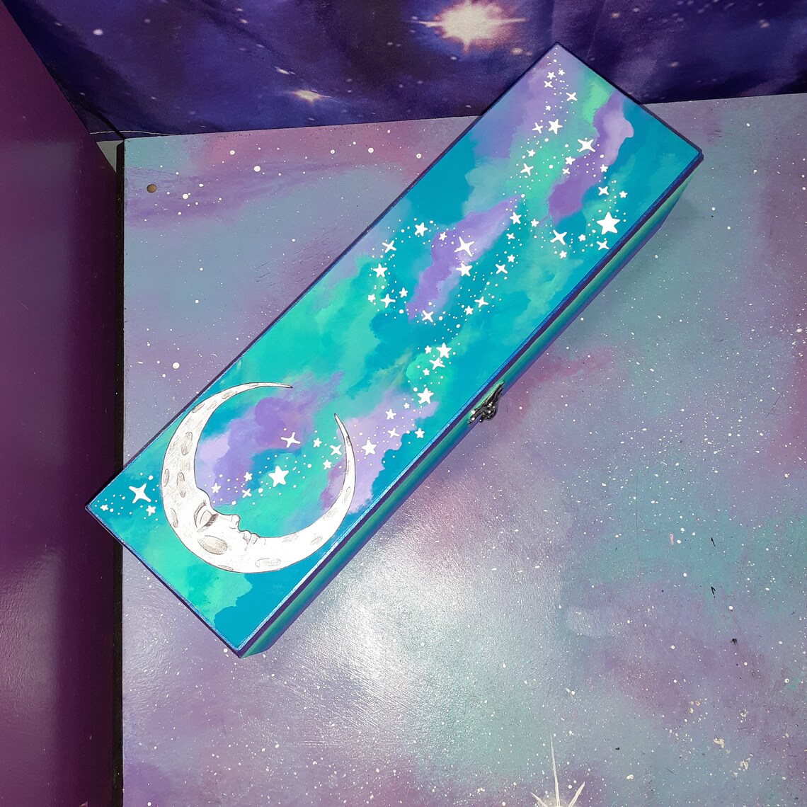 Moon and Stars Painted Box / Galaxy Clouds Cosmic Space Wood Trinket ...