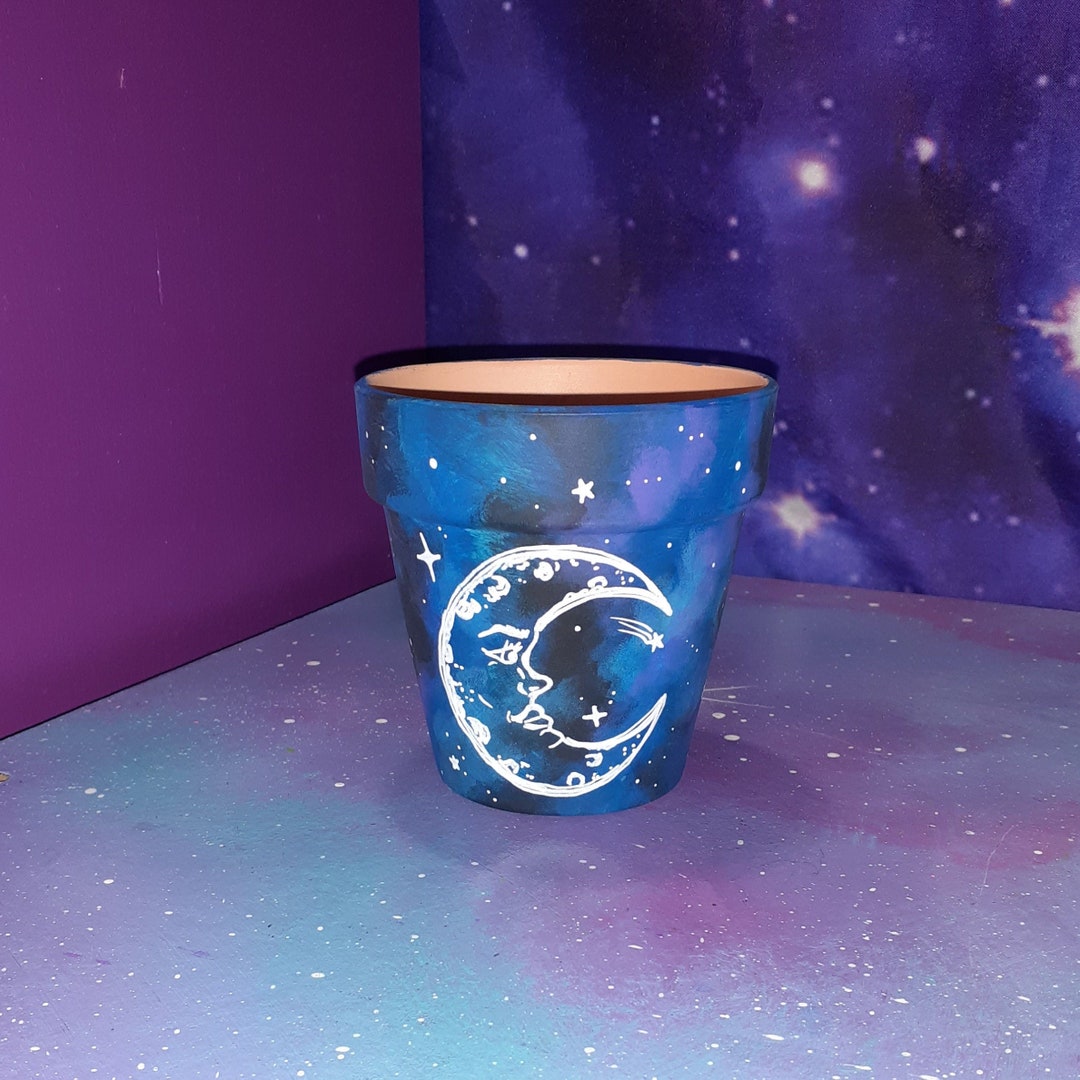 Terracotta Pot Moon & Galaxy Painted / Blue Black Purple Planter ...