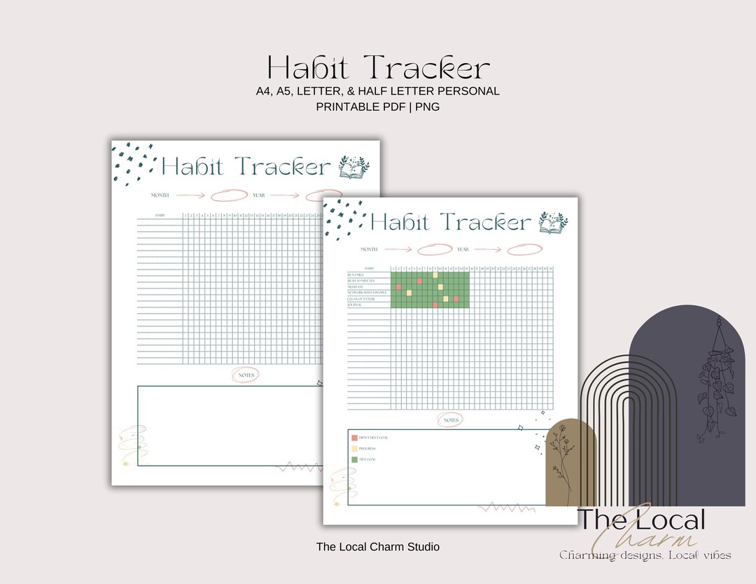 Printable Monthly Habit Tracker PDF, 20 Custom Habit Lines & Notes ...