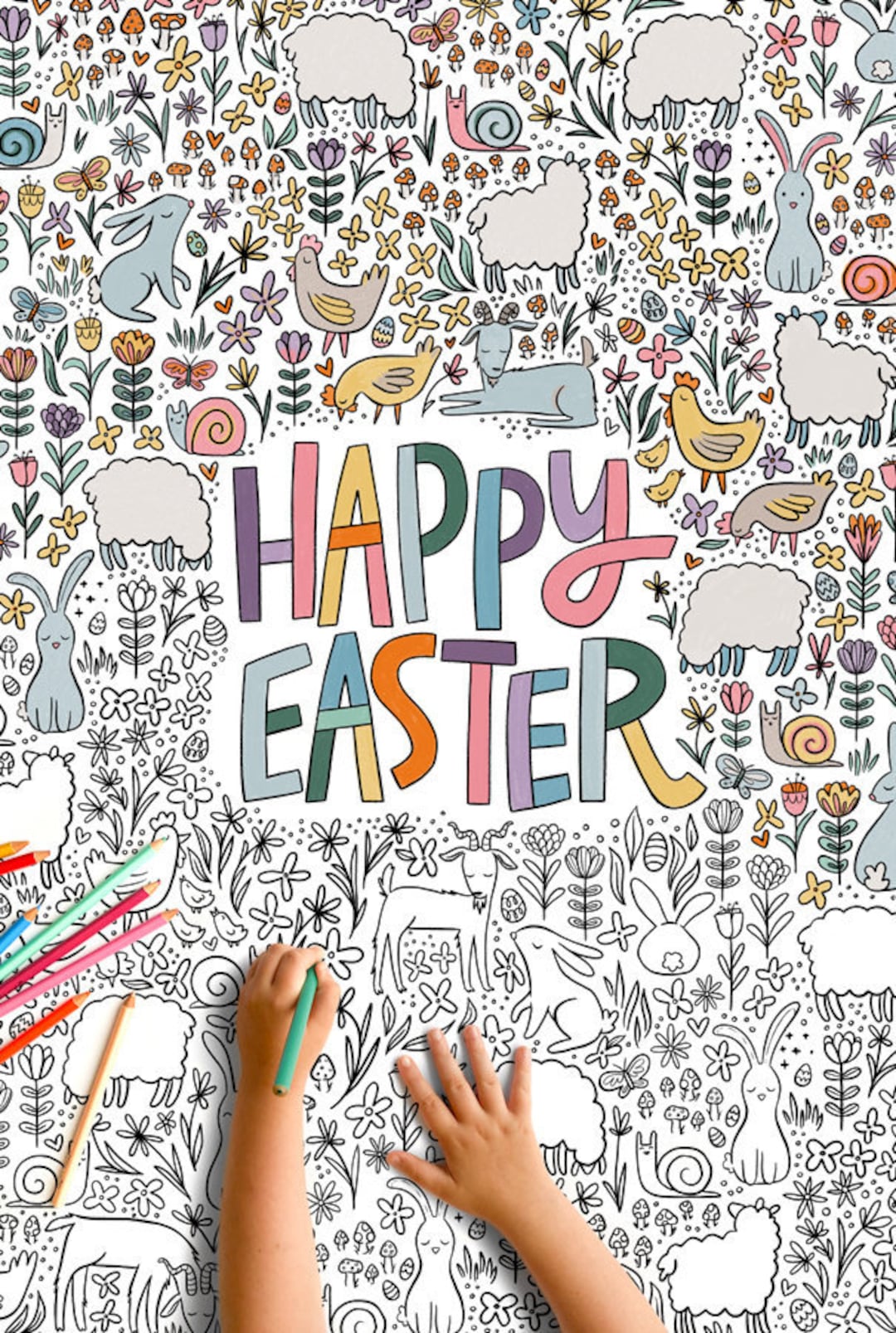 Easter Coloring Poster, Giant Coloring Poster, Bunnies, Lambs, Flowers ...