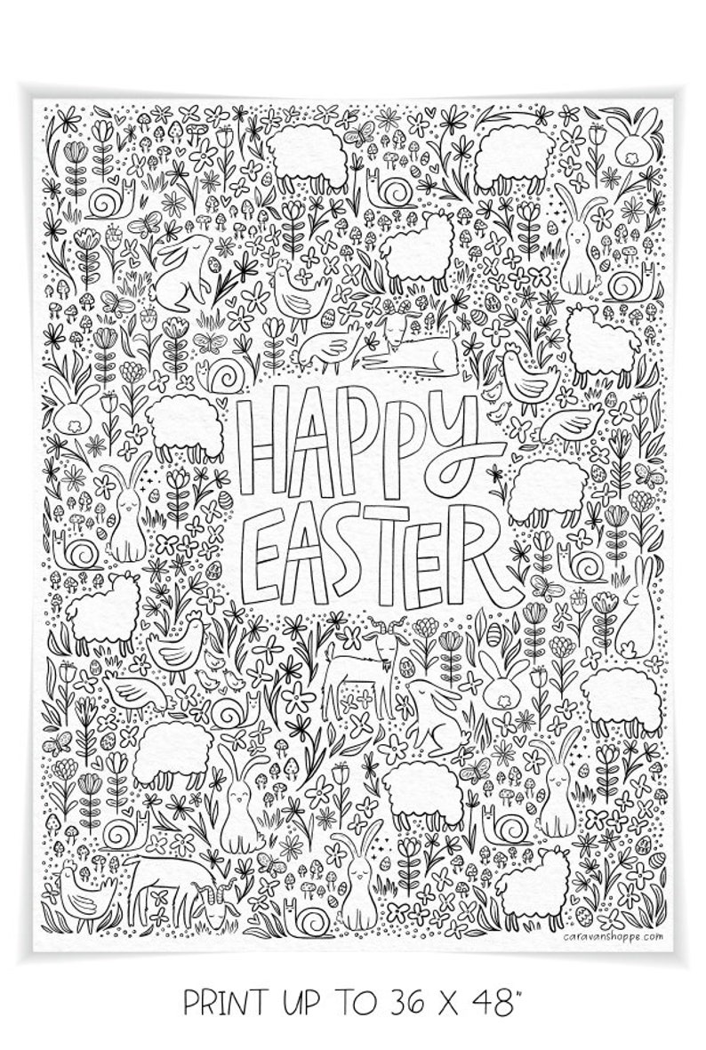 Easter Coloring Poster, Giant Coloring Poster, Bunnies, Lambs, Flowers ...