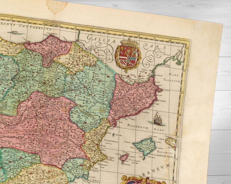 Map of Spain } Old Spanish Map: Madrid, Valencia, Seville - Etsy