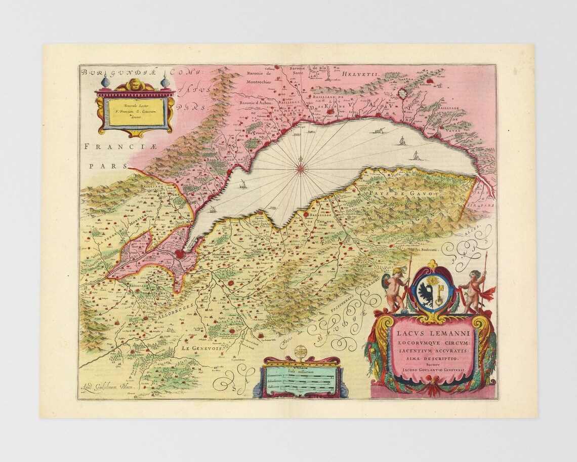 Lake Geneva Old Map Annemasse, Thonon Les Bains, Nyon, Genve, Lausanne ...
