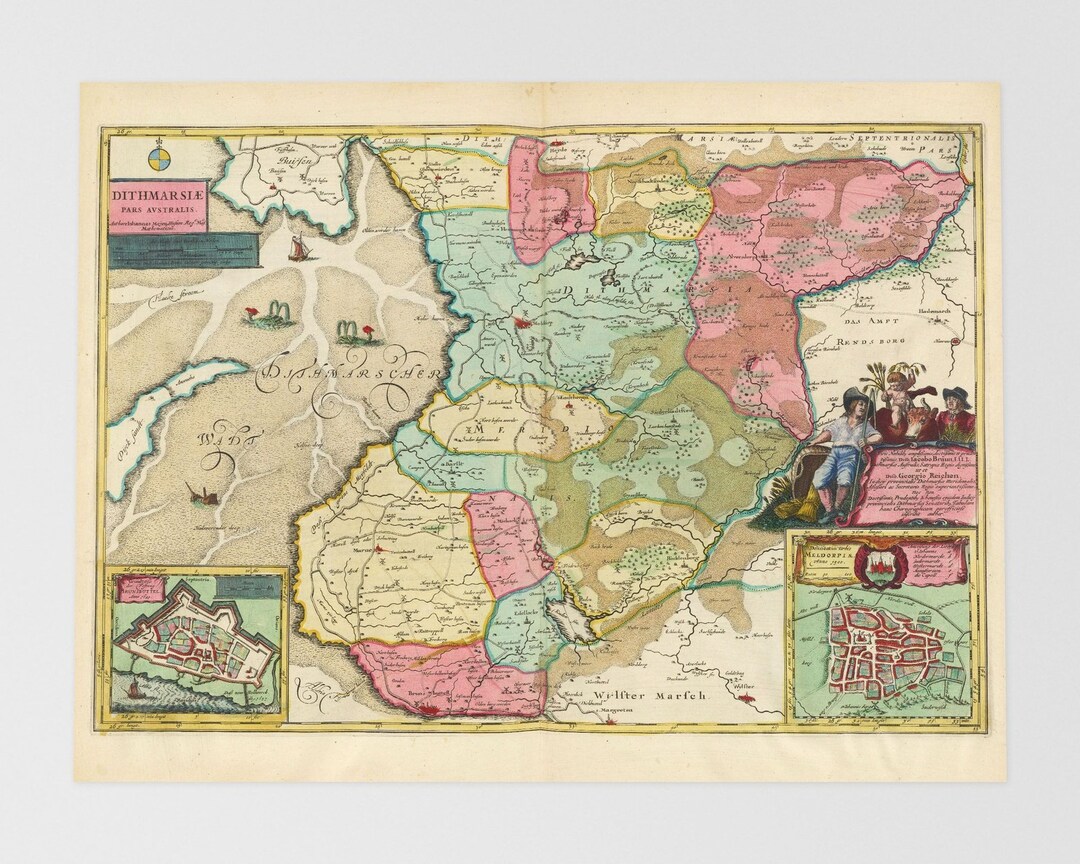Dithmarschen Old Map Meldorf, Marne, Friedrichskoog, Busum, Wohrden ...