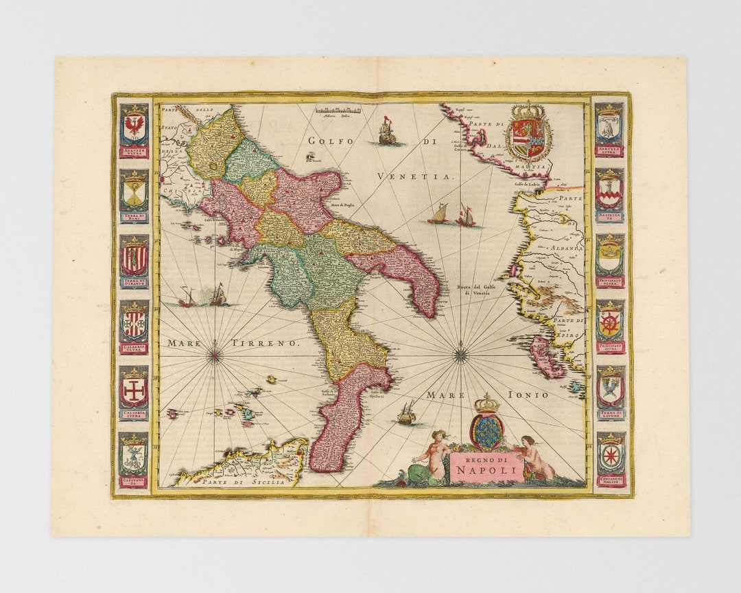 Old Map Southern Italy | Naples, Taranto, Brindisi, Bari, Lecce, Apulia ...