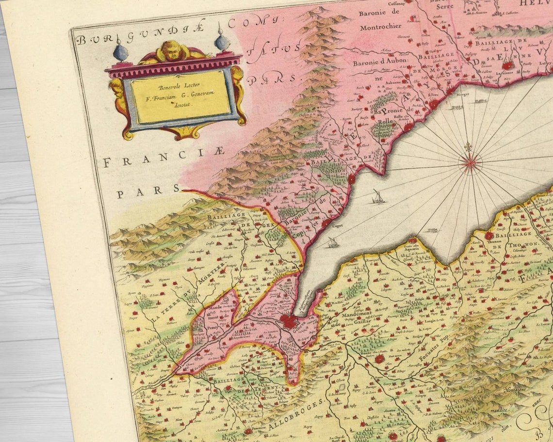 Lake Geneva Old Map Annemasse, Thonon Les Bains, Nyon, Genve, Lausanne ...