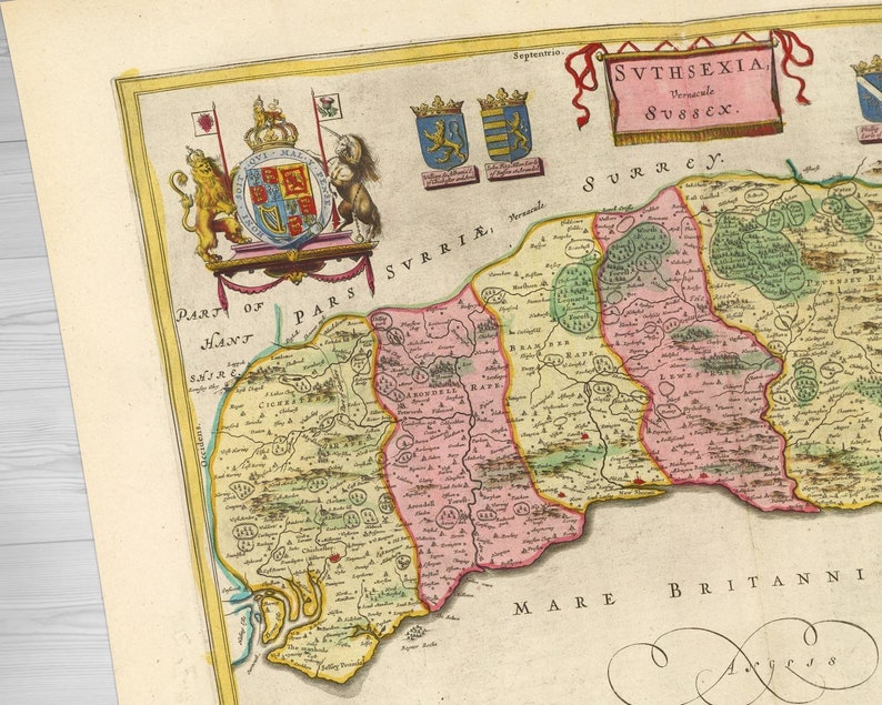 Old Map of Kent Old Map Print of White Cliffs of Dover Lewes, Wartling ...