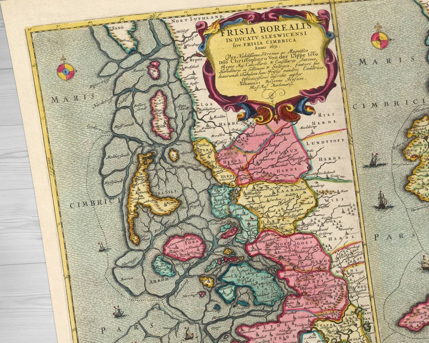 Mapa antiguo de Frisia del Norte / Leck, Niebll, Wyk Auf Fhr, Tnder, Flensburg, Norte de ...