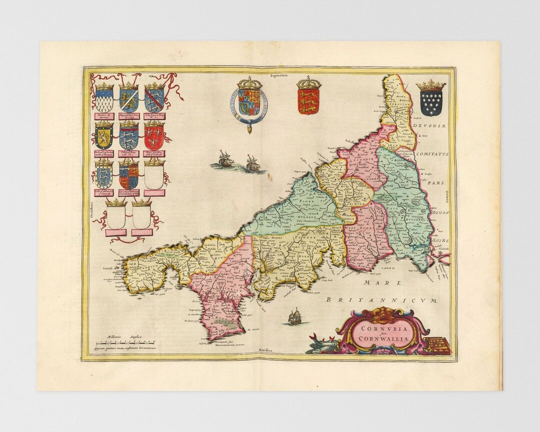 Map of Cornwall } Old English Map: Truro, Newquay, St Columb Major - Etsy