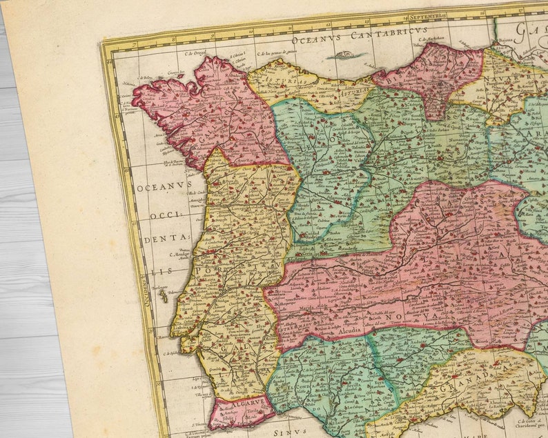 Map of Spain } Old Spanish Map: Madrid, Valencia, Seville - Etsy