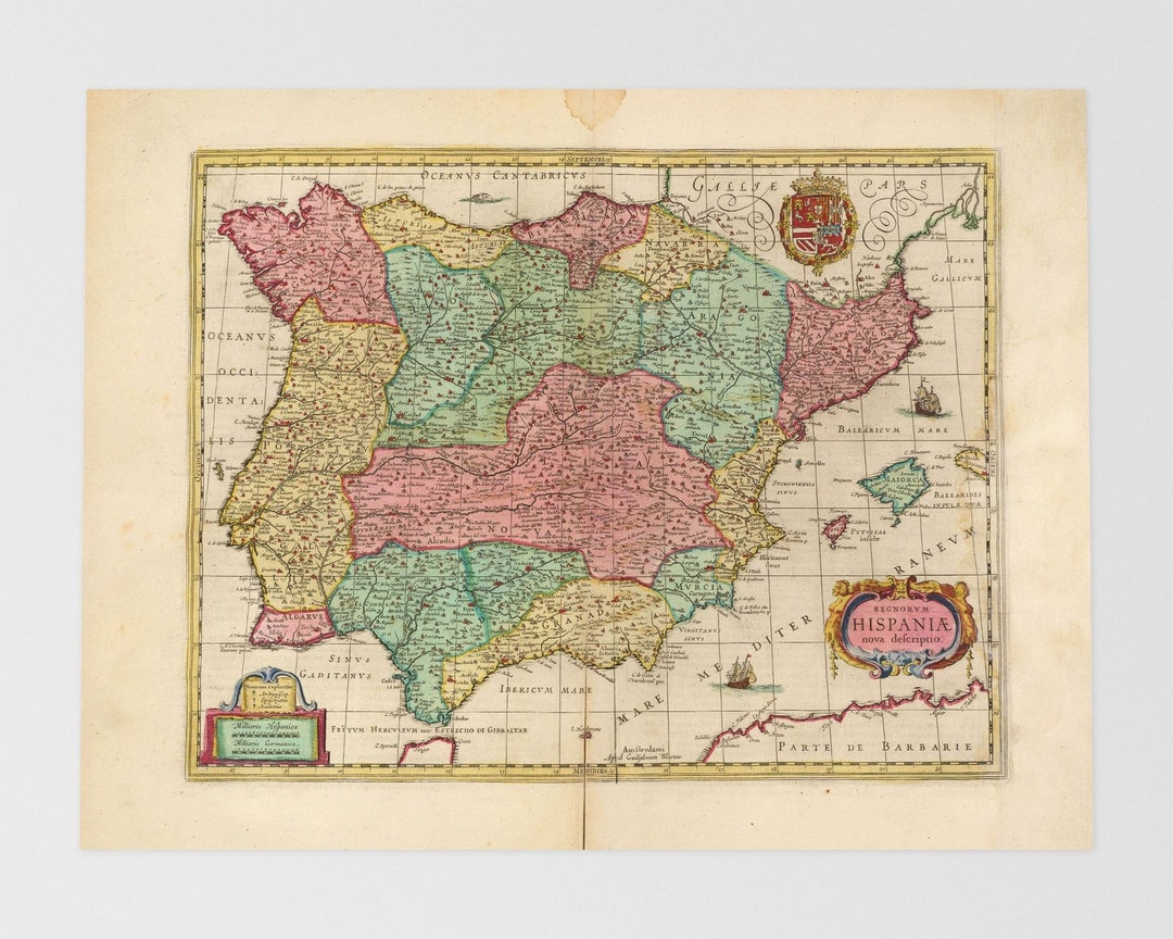 Map of Spain } Old Spanish Map: Madrid, Valencia, Seville - Etsy