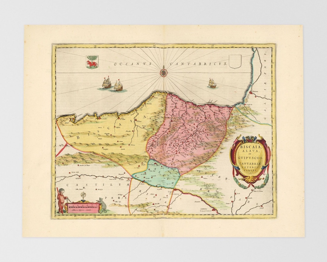 Basque Country Old Map Durango, Azkoitia, Azpeitia, Bergara, Arrasate ...