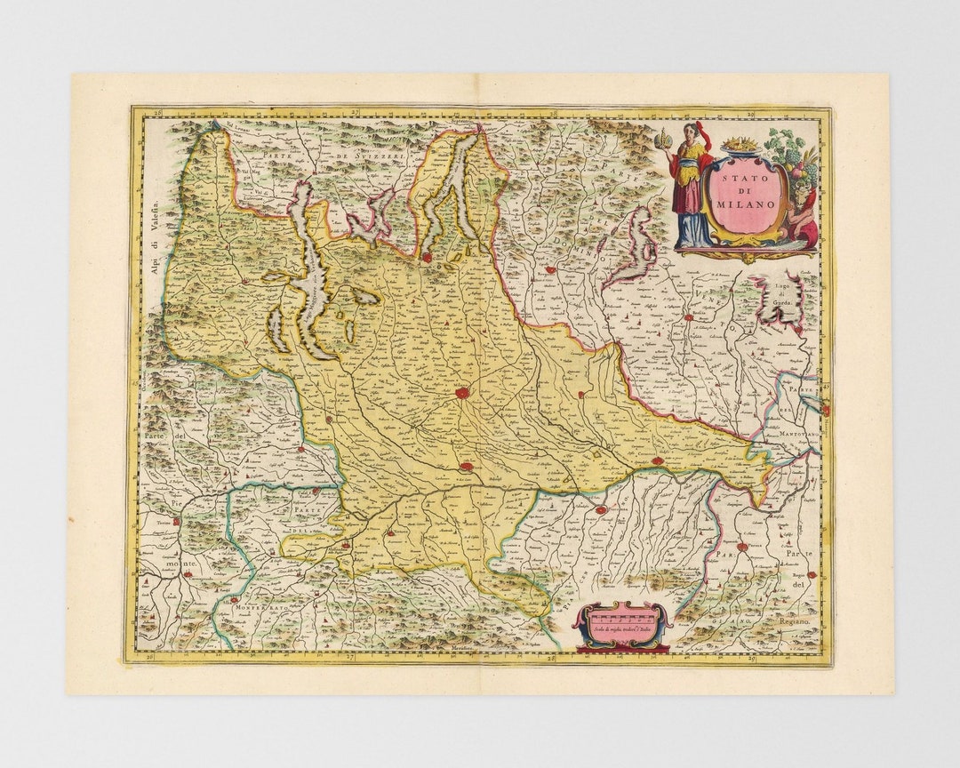 Old Map Lombardy Milano, Lodi, Pavia, Monza, Treviglio, Northern Italy ...