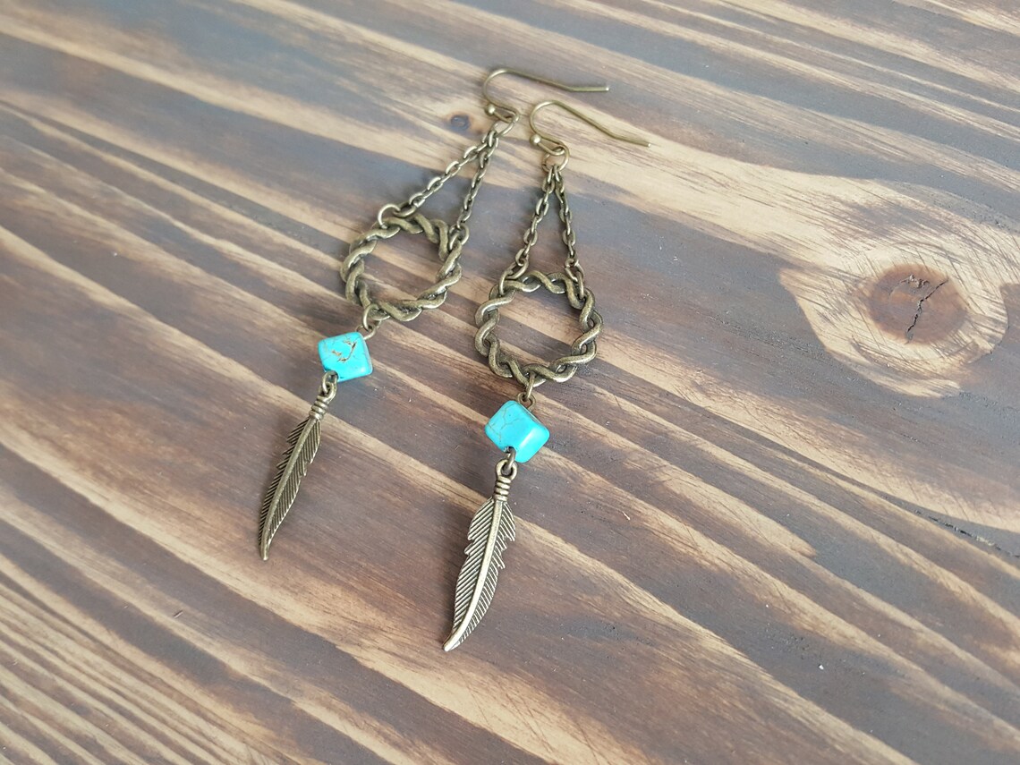 Long Turquoise Earrings. Boho Dangle Earrings. Long Bronze - Etsy