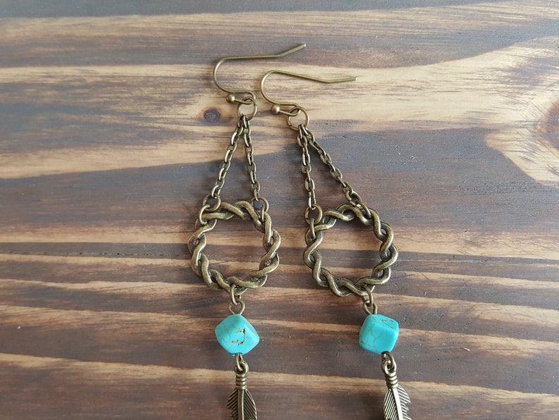 Long Turquoise Earrings. Boho Dangle Earrings. Long Bronze Earrings ...