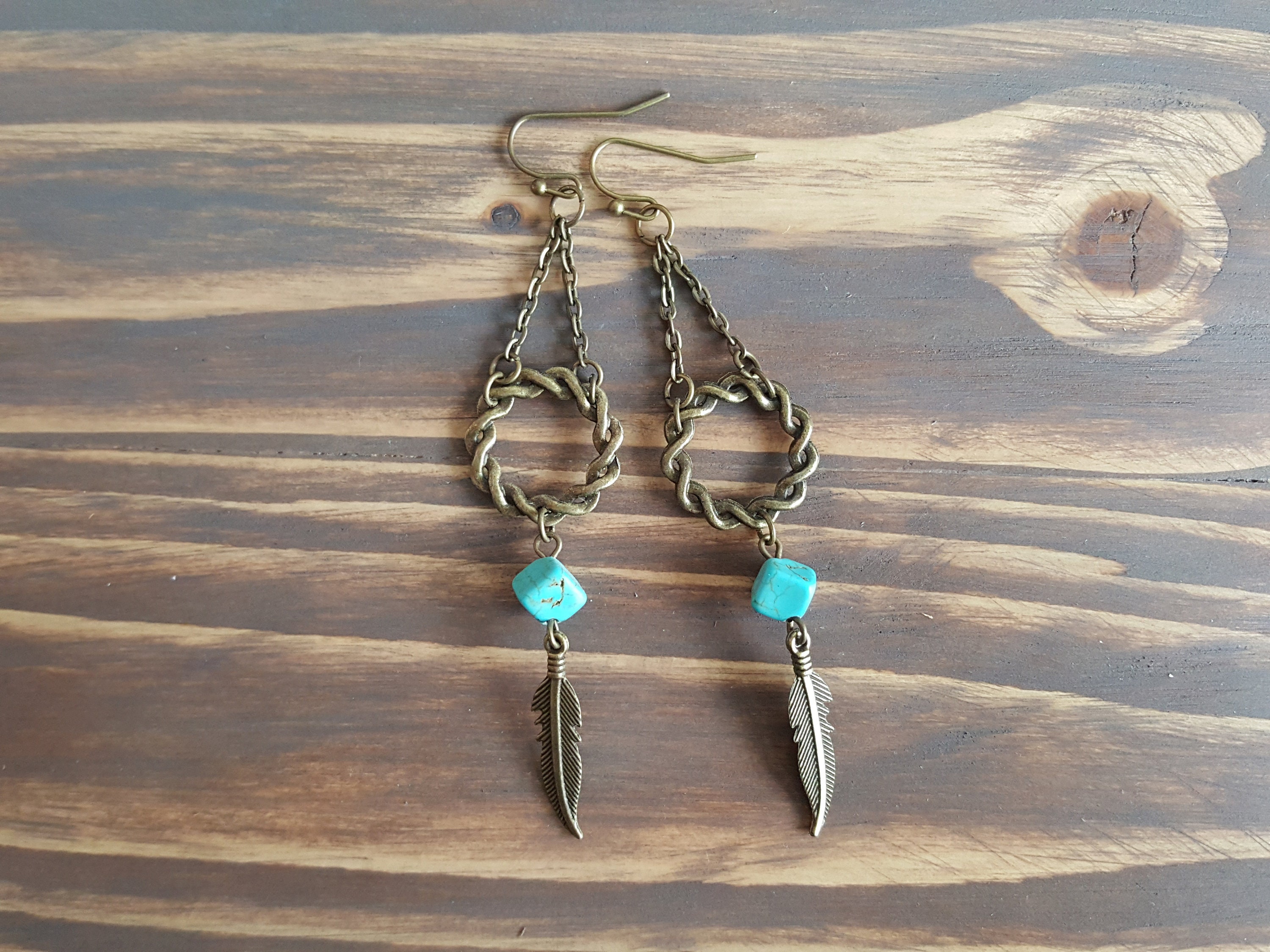 Long Turquoise Earrings. Boho Dangle Earrings. Long Bronze Earrings ...