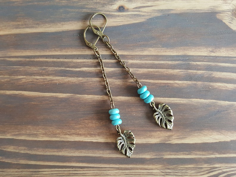 Long Bronze Earrings. Dangle Turquoise Earrings. Gemstone - Etsy