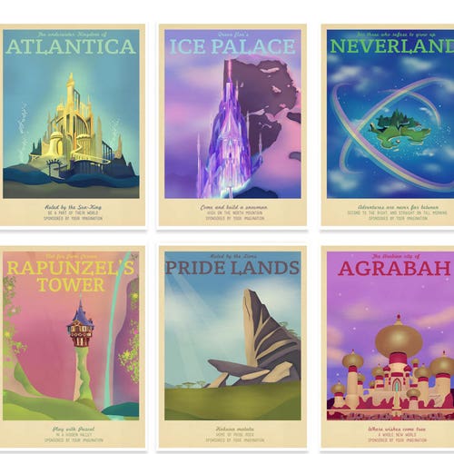 Retro Travel Poster Disney Set of 6 MANY SIZES Aladdin | Etsy