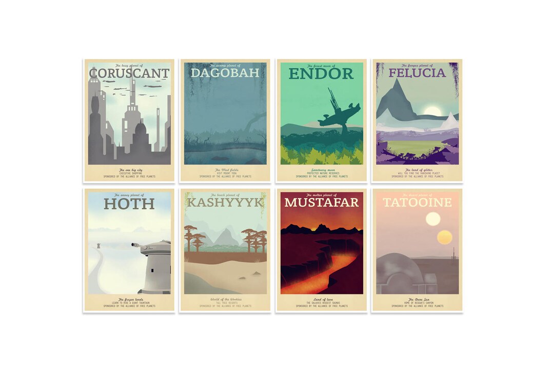 Retro Travel Poster Star Wars Set of 8 MANY SIZES Modern Vintage Sci Fi ...