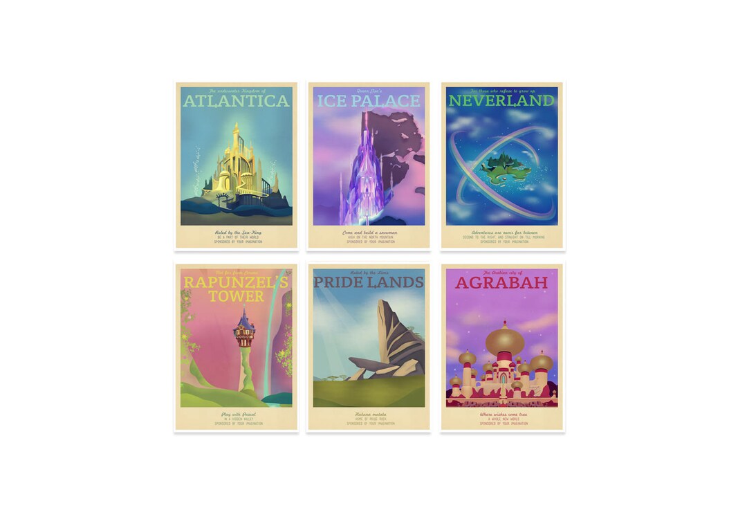 Retro Travel Poster Disney Set of 6 MANY SIZES Aladdin Tangled Frozen ...