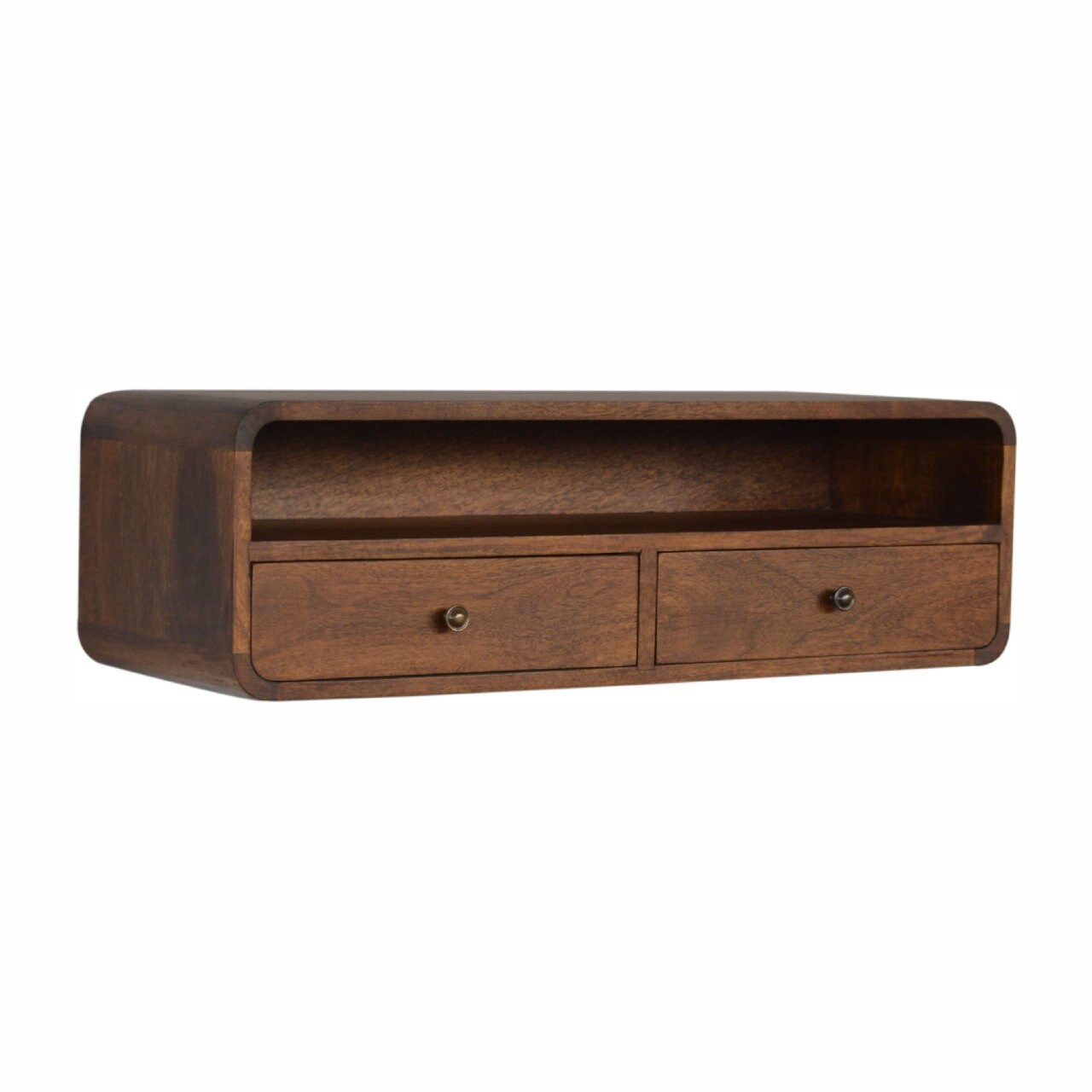 Solid Wood Wall Mounted 2 Drawer Console Table Open Slot Curved Walnut ...