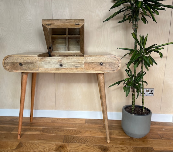 Solid Wood Scandinavian Design Handmade Curved Edge Dresser Desk Make up Table With Foldable Mirror and 2 Drawers Etsy