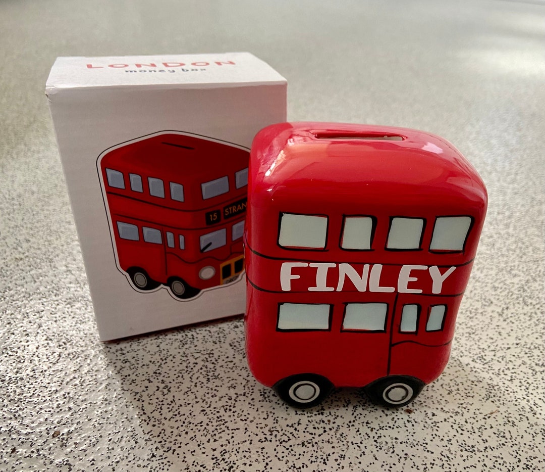 Red London Bus Money Box, Personalised Transport Savings Bank in Gift ...