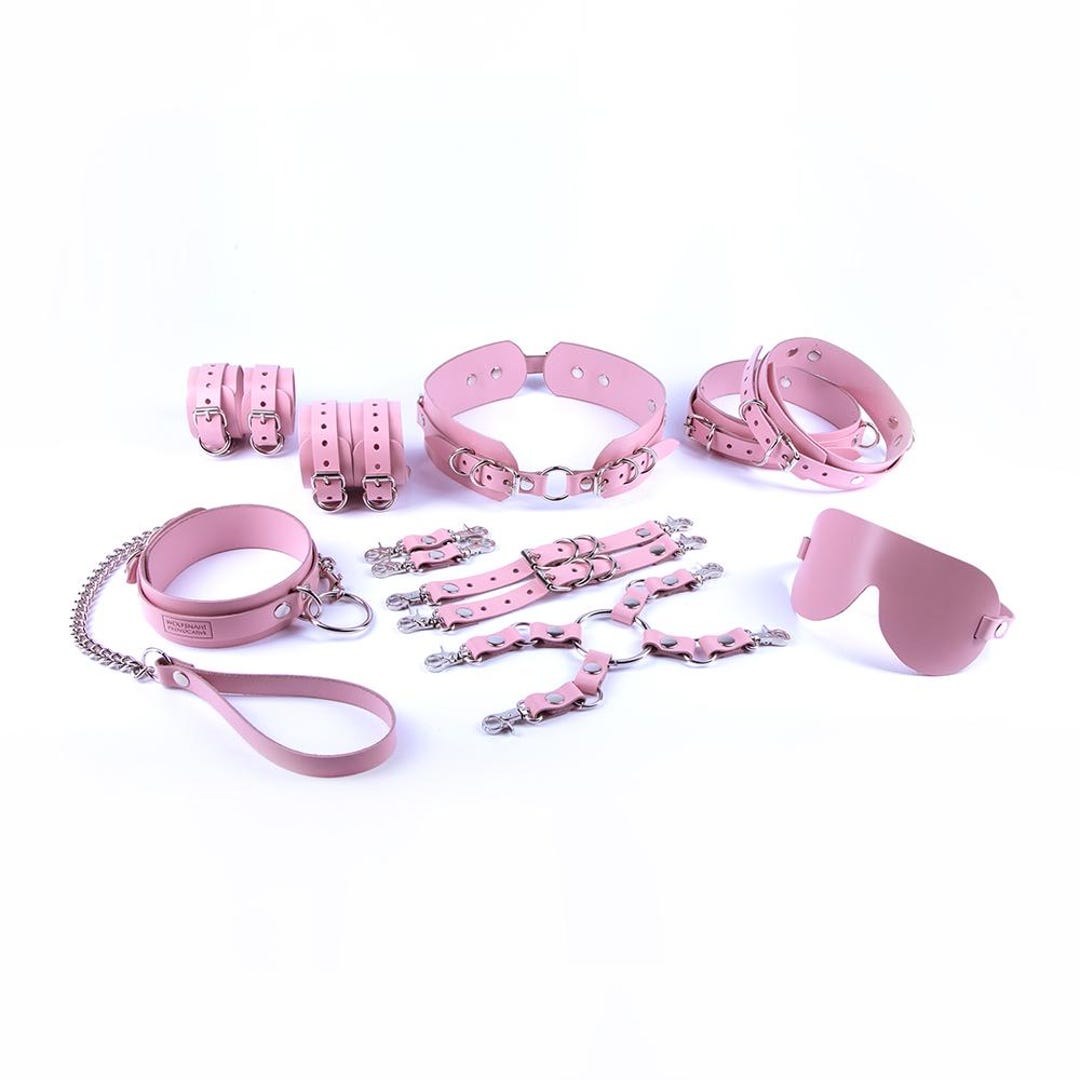 BDSM DDLG Bondage Set, Pink Leather Restraints, Thigh Harness, Bondage ...