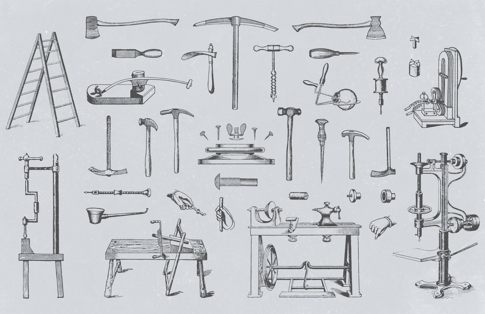 Beautiful Line Drawing Vector Graphics of Old Timey Tools and - Etsy
