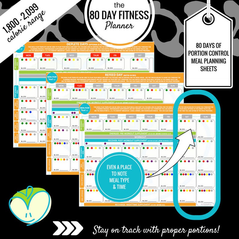 80 Day Fitness Planner | 1,800 - 2,099 Calorie Range | Printable Meal ...