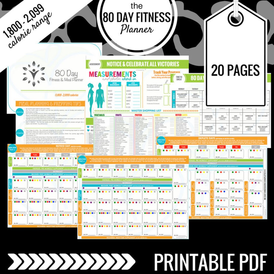 80 Day Fitness Planner | 1,800 - 2,099 Calorie Range | Printable Meal ...
