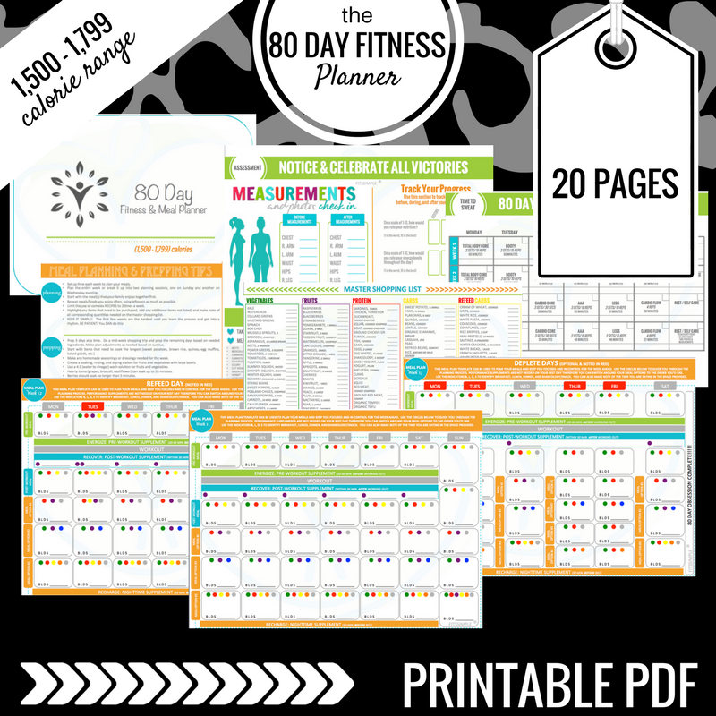 80 Day Fitness Planner | 1,500 - 1,799 Calorie Range | Printable Meal ...