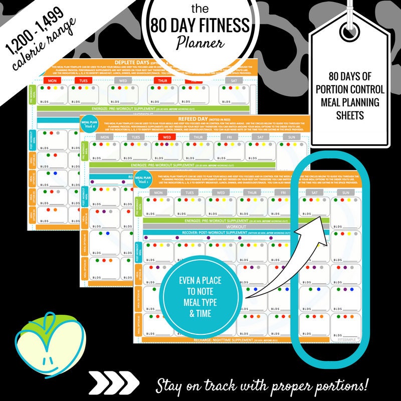80 Day Fitness Planner | 1,200 - 1,499 Calorie Range | Printable Meal ...
