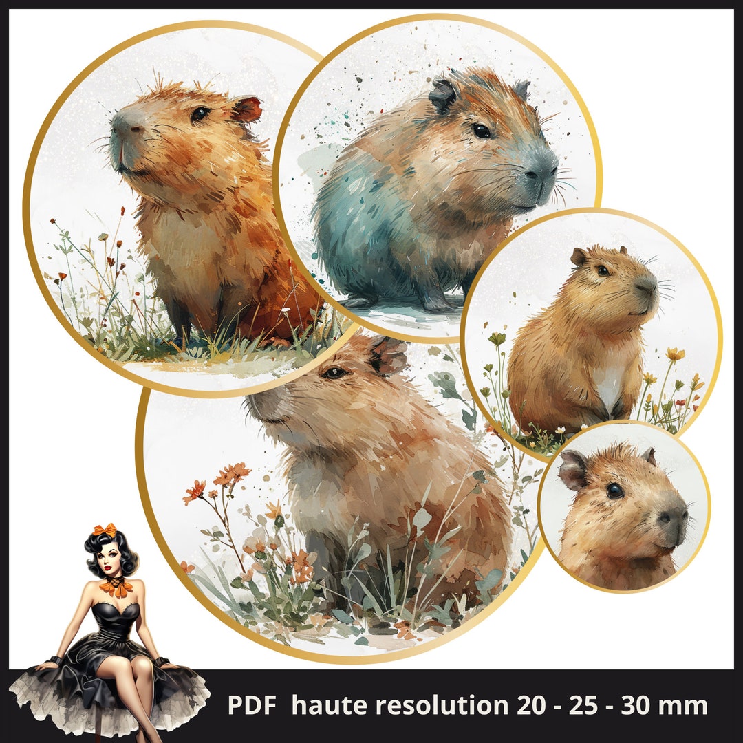 Cute Capybara Watercolor Cabochon Images 25mm 1inch Circle Printable ...