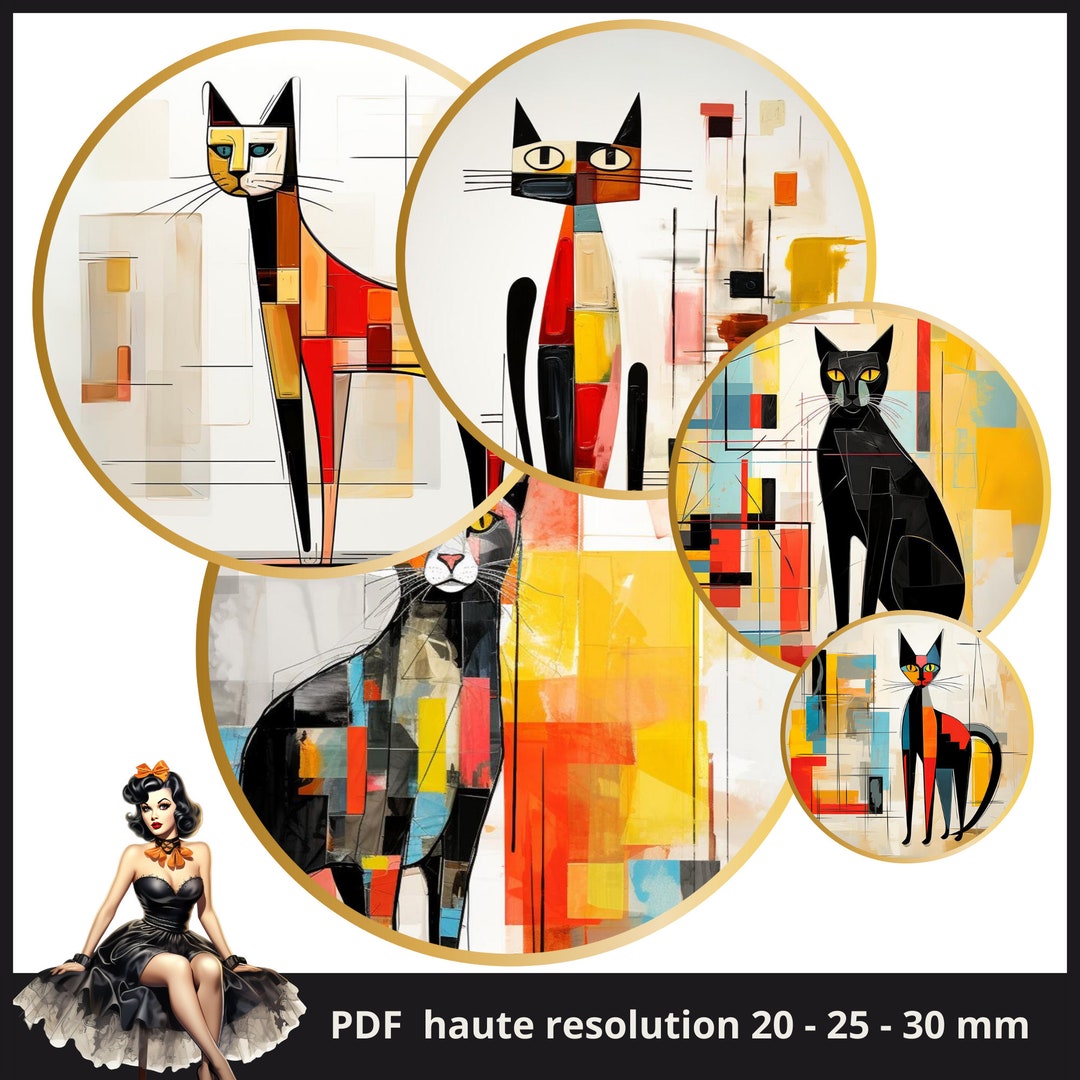Cats Pop Art and Cubism Cabochon Images 25mm 1inch Circle Printable ...