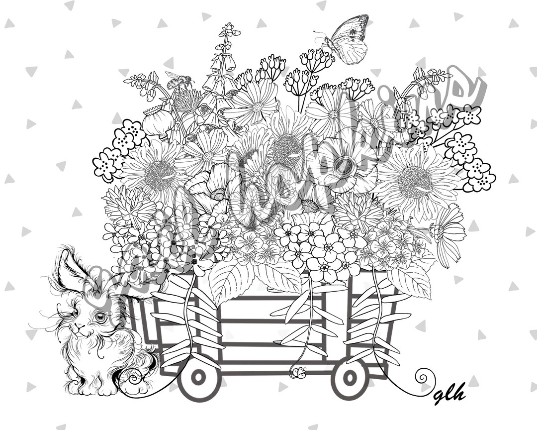 Digital Download Coloring Page Rustic Wagon With Wildflowers to ...