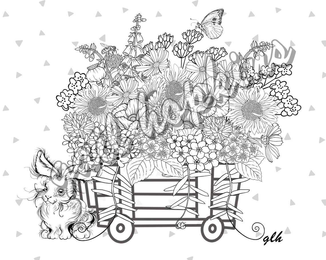 Digital Download Coloring Page Rustic Wagon With Wildflowers to ...